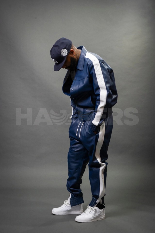 Men's 100% Real Leather Jogging TrackSuit ,Workout Jacket+Pant ,Full ...