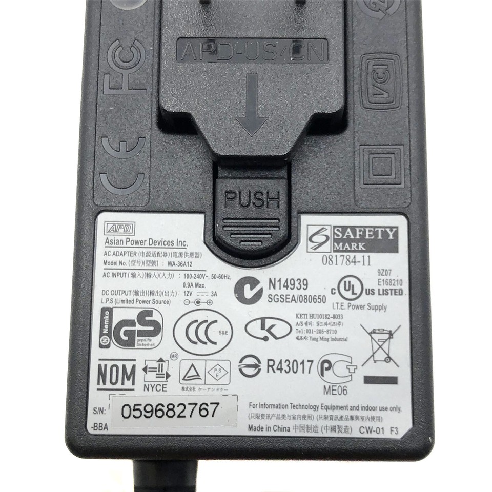 Genuine APD WA-36A12 AC Power Adapter 12V 3A N14939 Power Supply 36W ...