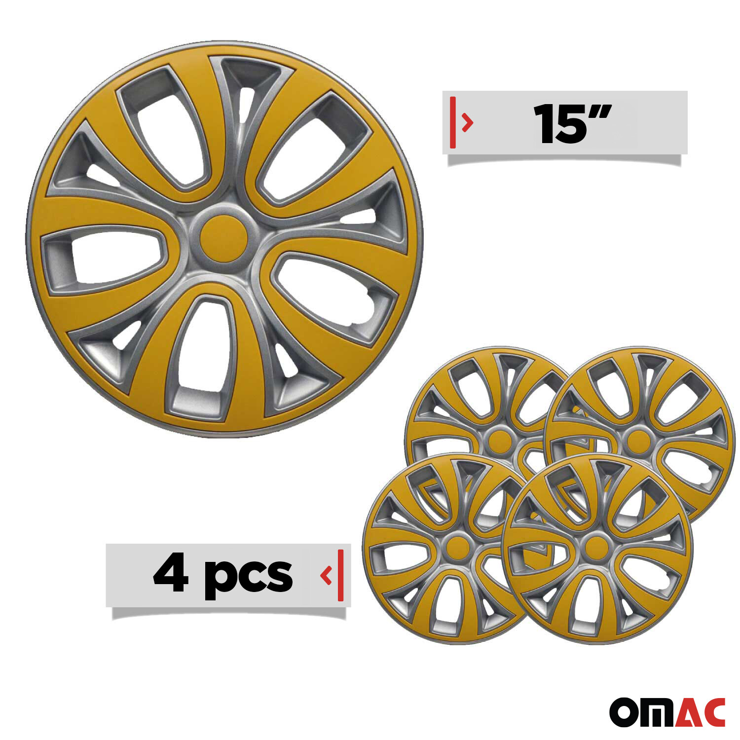 15 Inch Hubcaps Wheel Rim Cover Glossy Grey with Yellow Insert 4pcs Set ...