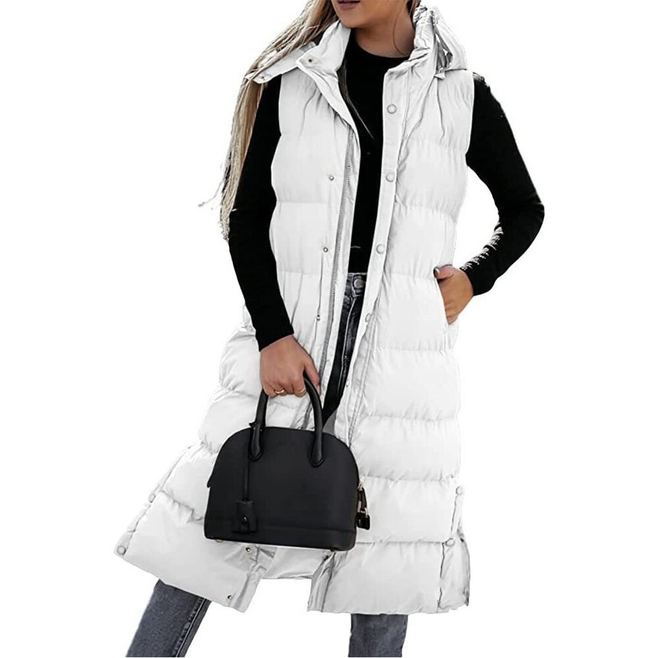 WOMEN LONG LINE HOODED PUFFER GILET JACKET LADY PADDED VEST TOP BODY ...