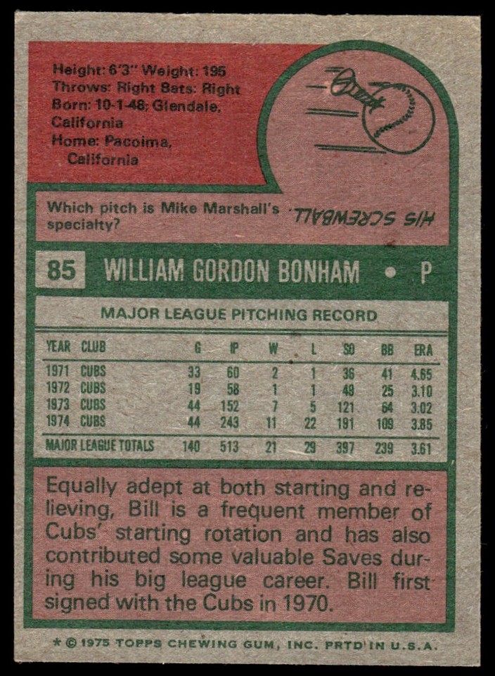 1975 Topps Bill Bonham Chicago Cubs #85 | eBay