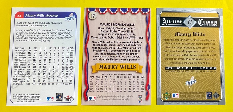 MAURY WILLS Los Angeles Dodgers 3-card lot, '62 NL MVP, 7x All-Star, 3x ...