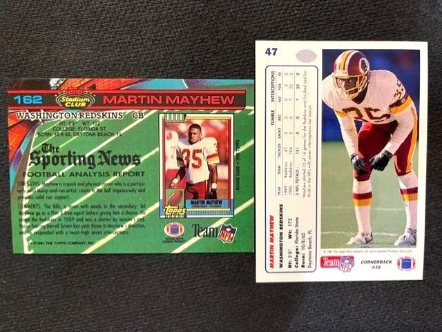 NFL - Martin Mayhew 1991 Topps Stadium Club & 1991 Upper Deck ...