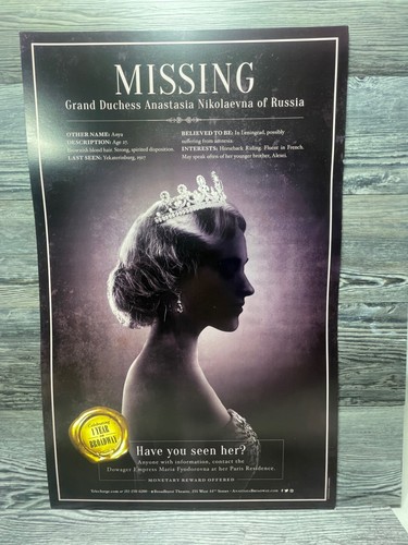 GRAND DUCHESS ANASTASIA MISSING, ONE YEAR ON BROADWAY WINDOW CARD ...