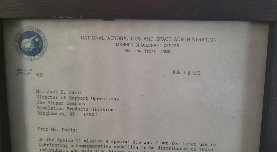 Apollo 11 Mission Flown Die Medallion-Recognition Letter-Christopher ...