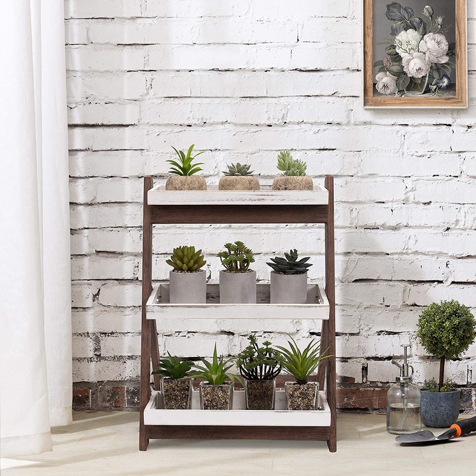 Burnt Brown Wood 3-Tier Shelf Stand, Freestanding Ladder Shelf, Display ...