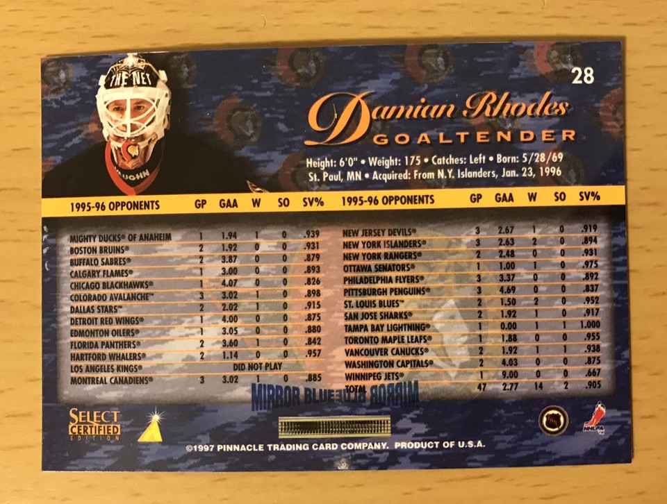 1996-97 SELECT CERTIFIED HOCKEY MIRROR BLUE DAMIAN RHODES OTTAWA ...