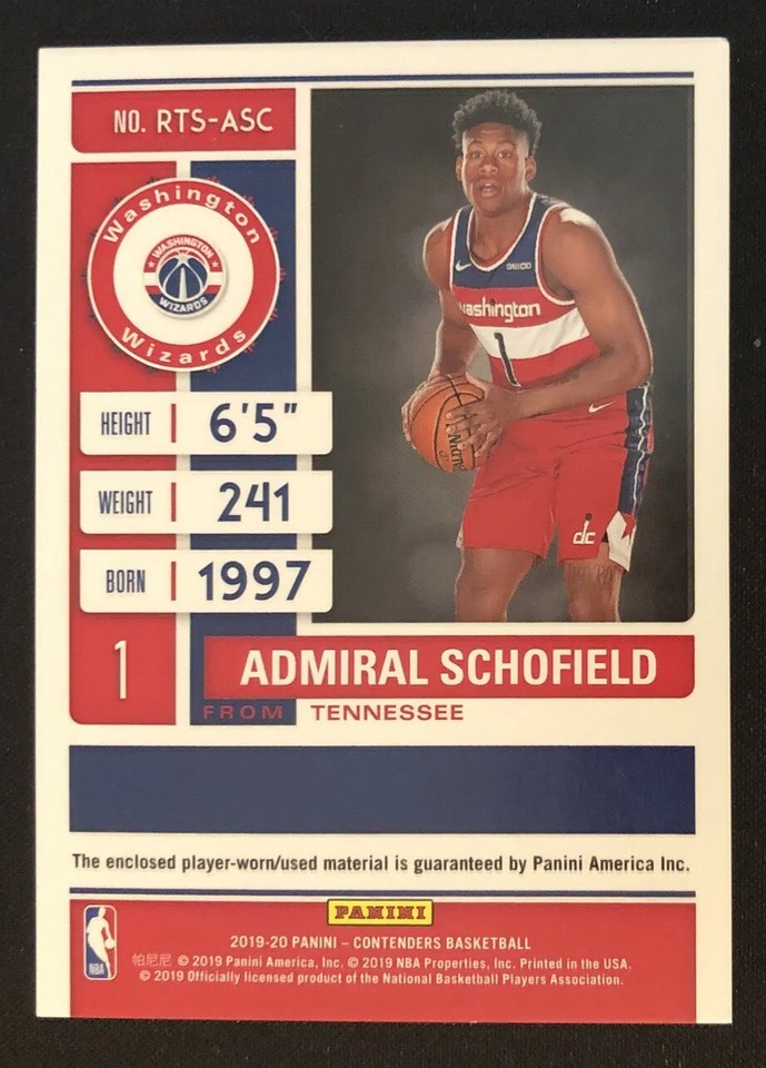2019-20 Contenders Admiral Schofield RC Wizards Rookie Ticket Relic ...