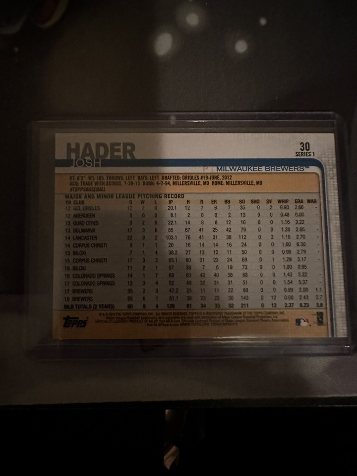 Josh Hader 2019 Topps Series 1 Baseball MLB Base Card #30 Milwaukee ...