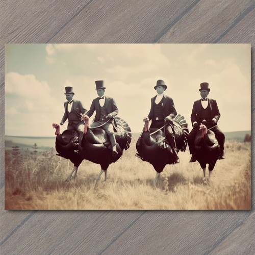 POSTCARD Turkey Riding Men Top Hat Old School Vibe Weird Strange Funny ...