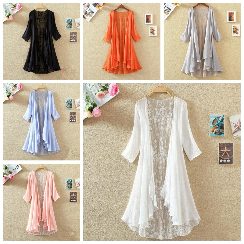 Lady Asymmetric Lace Splice Cardigan Coat Sheer Hollow Out Coat Jacket ...