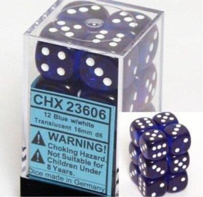 Chessex Dice d6 Sets Blue w/ White Translucent 16mm Six Sided Die 12 CHX 23606 | eBay