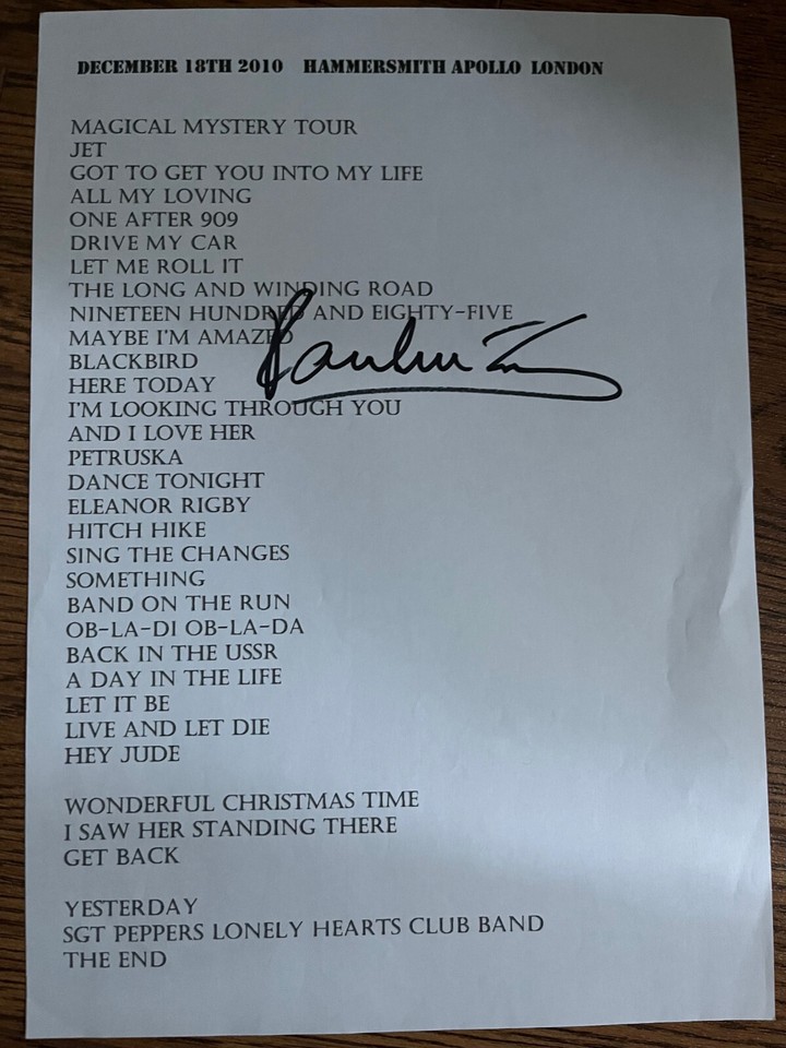 Paul McCartney-Setlist 12/18/2010 Hammersmith Apollo--Original ...