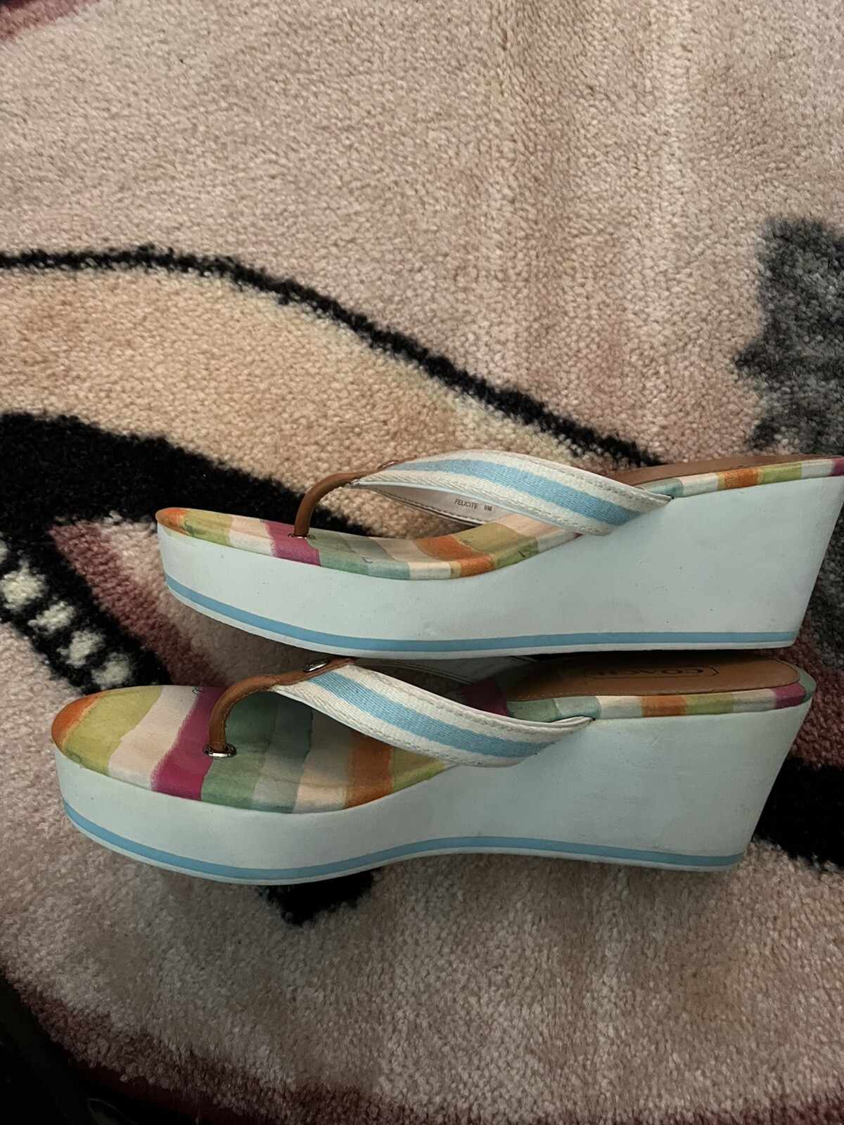 Coach Thong Wedge Sandal Size 9M White Blue Rainbow P… - Gem