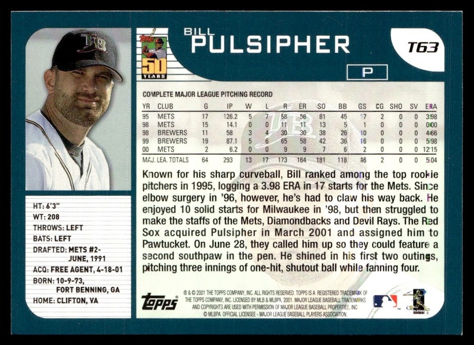 2001 Topps Traded & Rookies Bill Pulsipher Tampa Bay Devil Rays #T63 | eBay