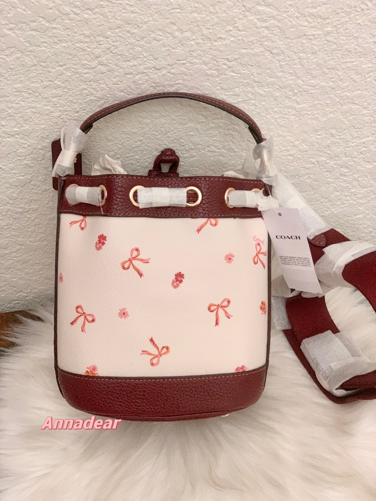 Coach Dempsey Drawstring Bucket Bag 15 With Bow Print In Chalk Wine NWT ...