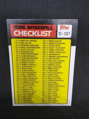 1986 Topps Traded Baseball Checklist Card Numbers 1T To 132T Baseball ...