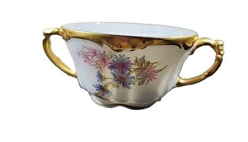 Limoges TWO HANDLE TEA CUP GOLD TRIM PINK BLUE GREEN FRANCE Beautiful ...