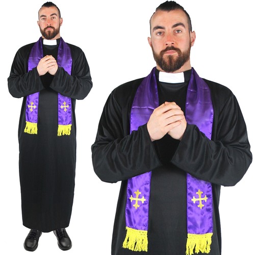 MEN'S PRIEST COSTUME VICAR RELIGIOUS FANCY DRESS ROBE AND SCARF STAG DO ...