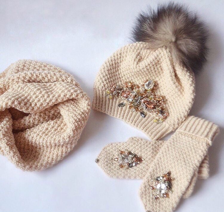 Wool Hat Gloves Set, Handmade Warm Beaded Wool Hat Scarf Triple Set ...