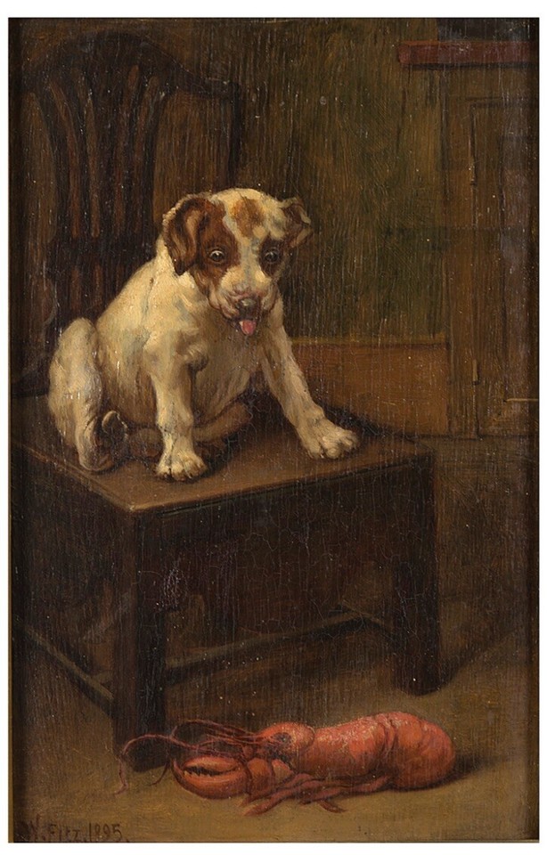 Antique WILLIAM FITZ Dog and Lobster 1895 Oil Painting On Wood Board ...