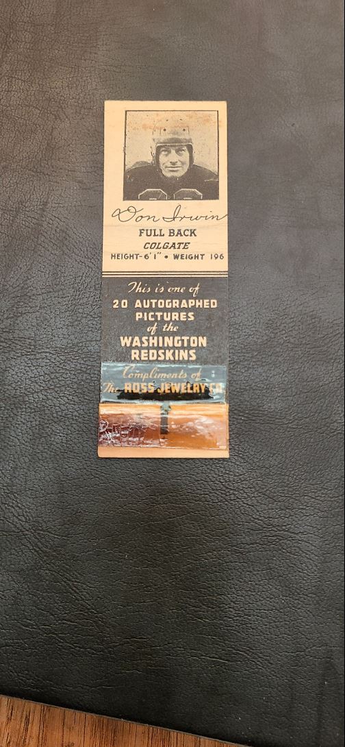 1939 MATCHBOOK MATCHES DON IRWIN, FB WASHINGTON REDSKINS | eBay