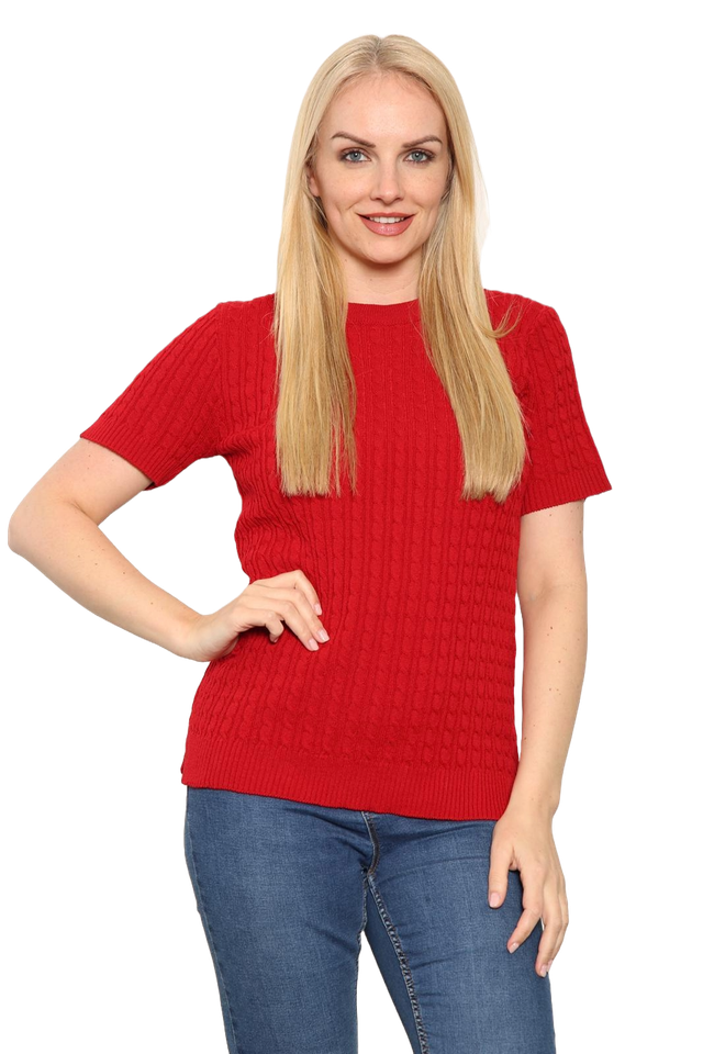 Women's Ladies Short Sleeve Crew Neck Cable Knitted Soft Warm Jumper ...