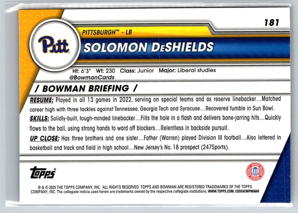 2023 BOWMAN U CHROME BOWMAN 1ST CHROME SOLOMON DESHIELDS PITTSBURGH ...