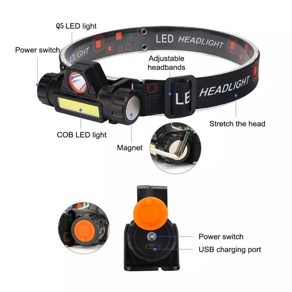 COB LED Headlamp USB Rechargeable Headlight Torch Work Light Bar Head ...