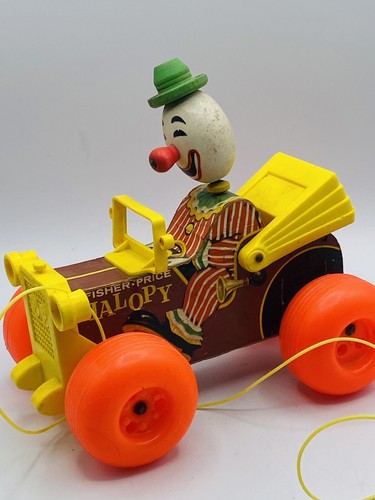 Fisher Price Vintage 1960s Clicker Pull Toy Clown Driving Jalopy Wood ...