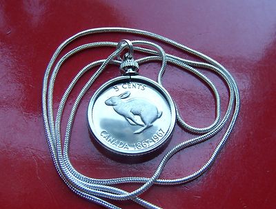 Classic Centennial Canada Coin Rabbit Pendant on a 28" 925 Silver Snake ...