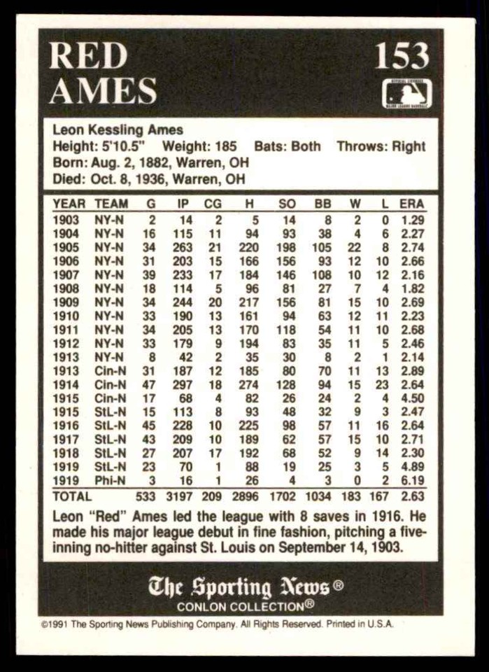 1991 The Sporting News Conlon Collection Red Ames Baseball Cards #153 ...