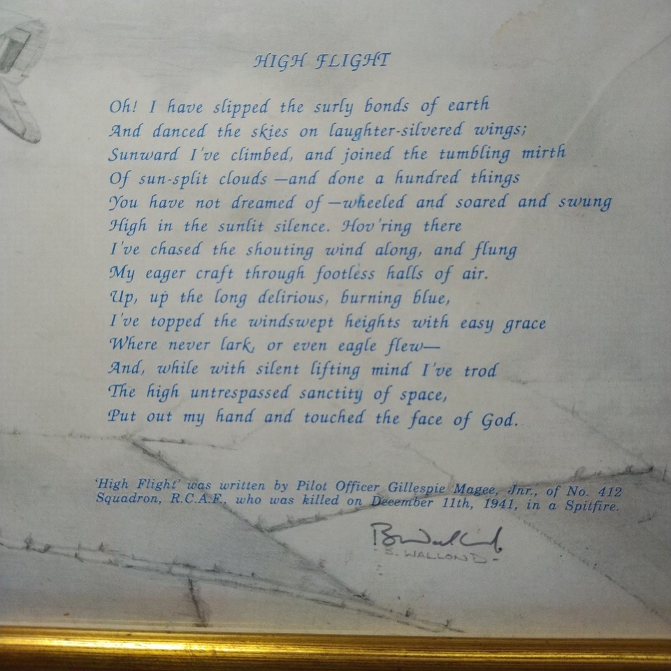 Signed art print Barry Wallond Spitfire drawing with High Flight poem ...
