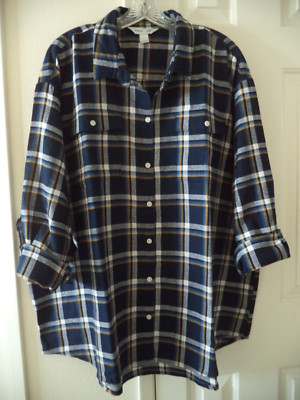 Navy Dk Blue Gold White Window Plaid Cotton Flannel Buttondwn Shirt 5X ...