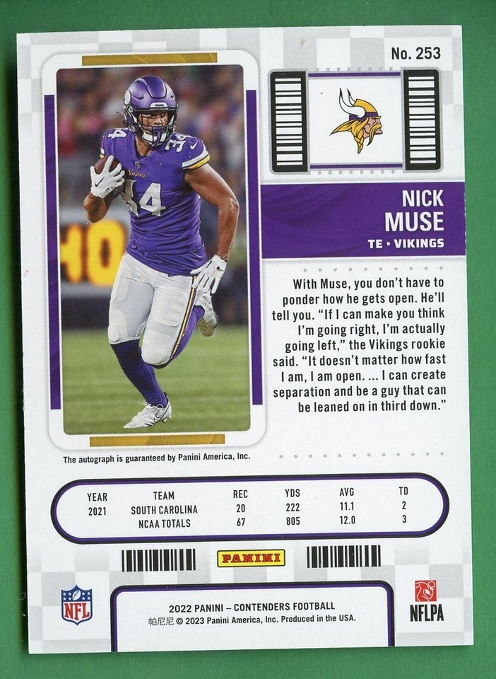 NICK MUSE 2022 CONTENDERS FOOTBALL ROOKIE TICKET AUTO MINNESOTA VIKINGS ...