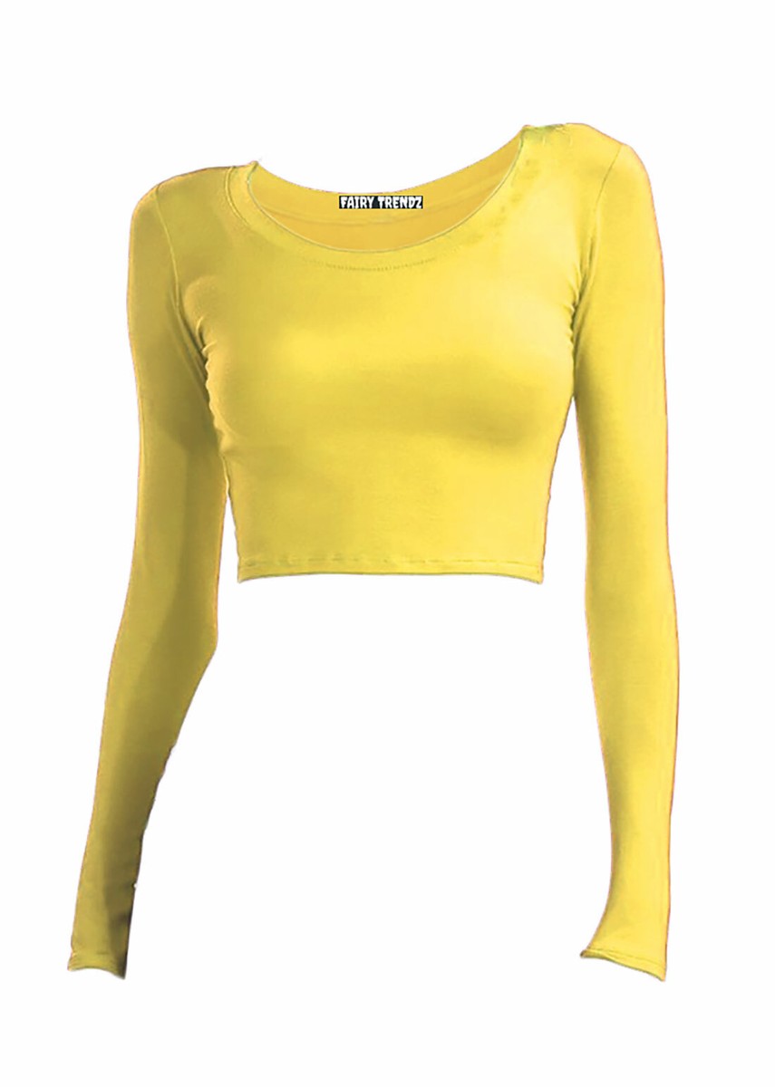 Yellow Long Sleeve Crop Tops Gold And Black Baroque Print Recycled