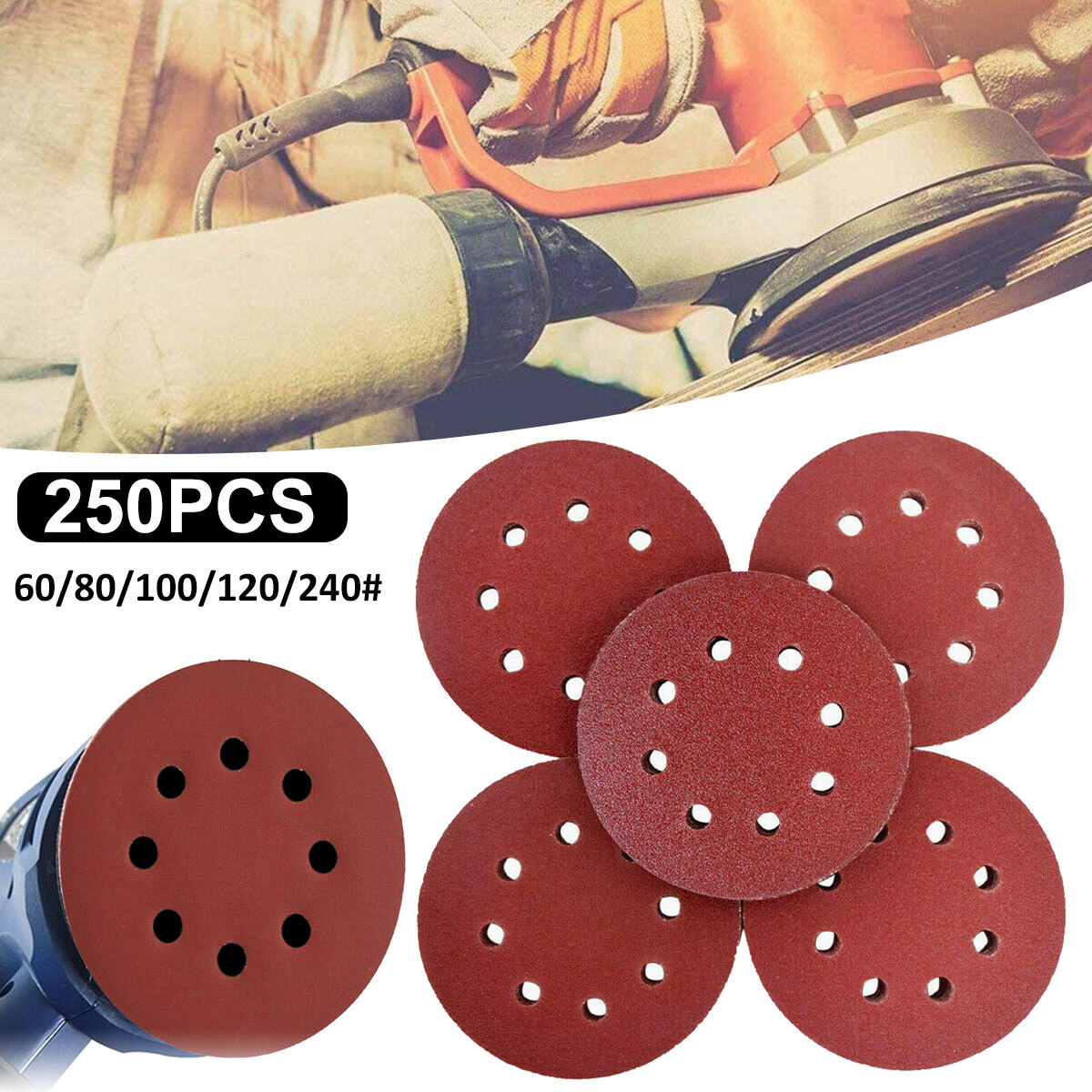 250PCS Sanding Discs 60-240 Grit Pads 125mm Hook&Loop 8 Hole Orbital ...