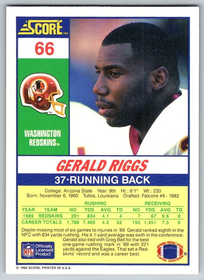 1990 SCORE GERALD RIGGS WASHINGTON REDSKINS #66 | eBay