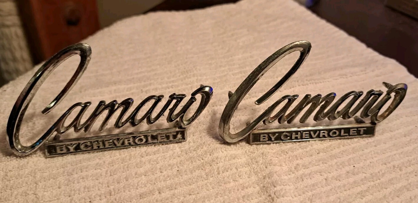 Pair Original 1968 1969 Chevy Camaro Header Panel Trunk Emblem Emblems ...