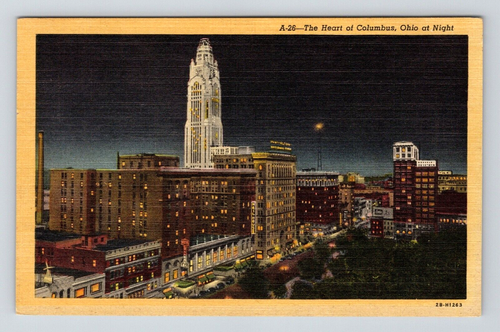 City Night Scene Columbus Ohio OH Buildings Aerial View 1957 Linen ...