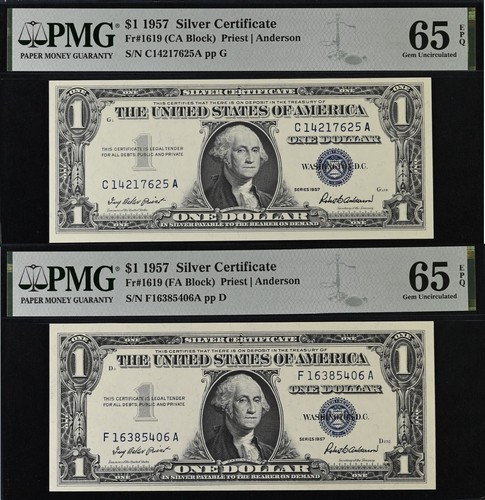 1957 $1 Silver Certificate - 2 x PMG 65EPQ - Lot of 2 mixed Notes Fr ...