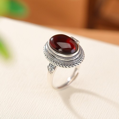 F02 Ring Poison Ring Red Amber Blutbernstein Silver 925 Adjustable ...