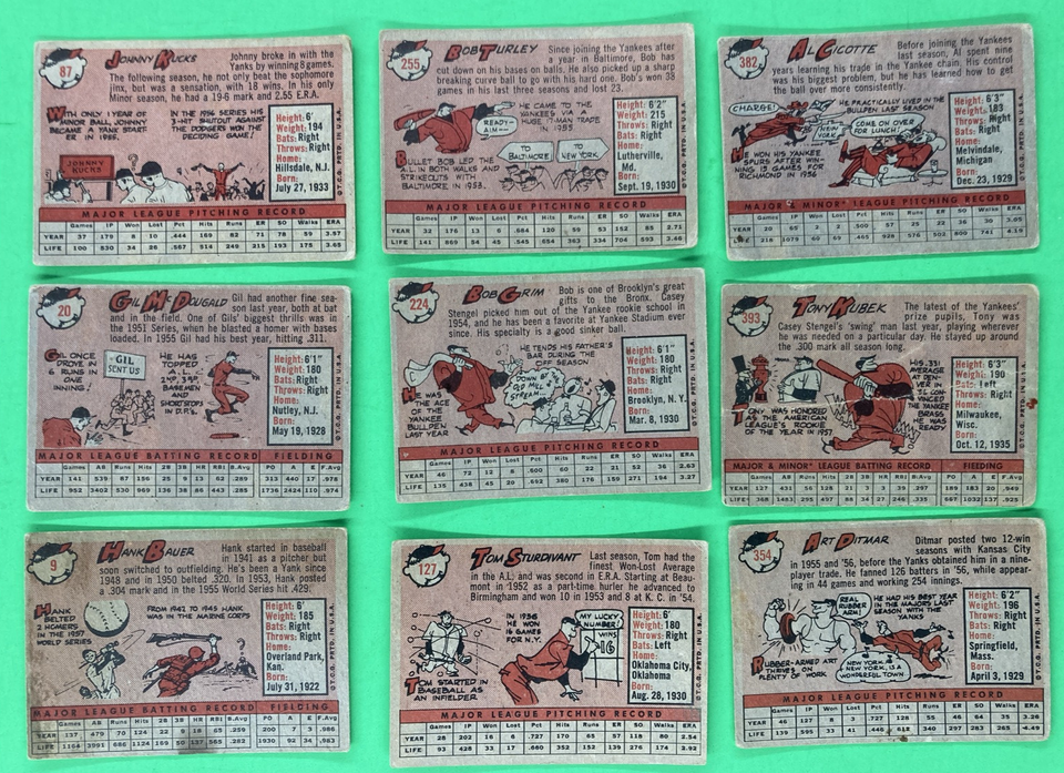 1958 Topps Baseball Cards - New York Yankees A Lot of 9 Bauer Kubek ...