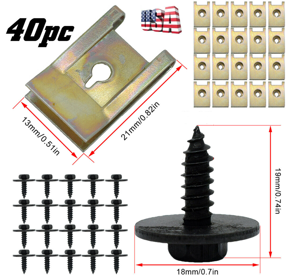 40*Metal Car Screw Body Fender Bumper Retainer Fixed U Nut Clips Gasket ...