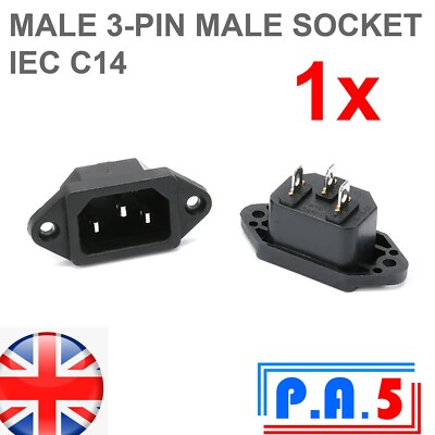 1x 3-PIN Male Chassis Socket IEC -C14 Panel Mount Kettle Plug Connector ...