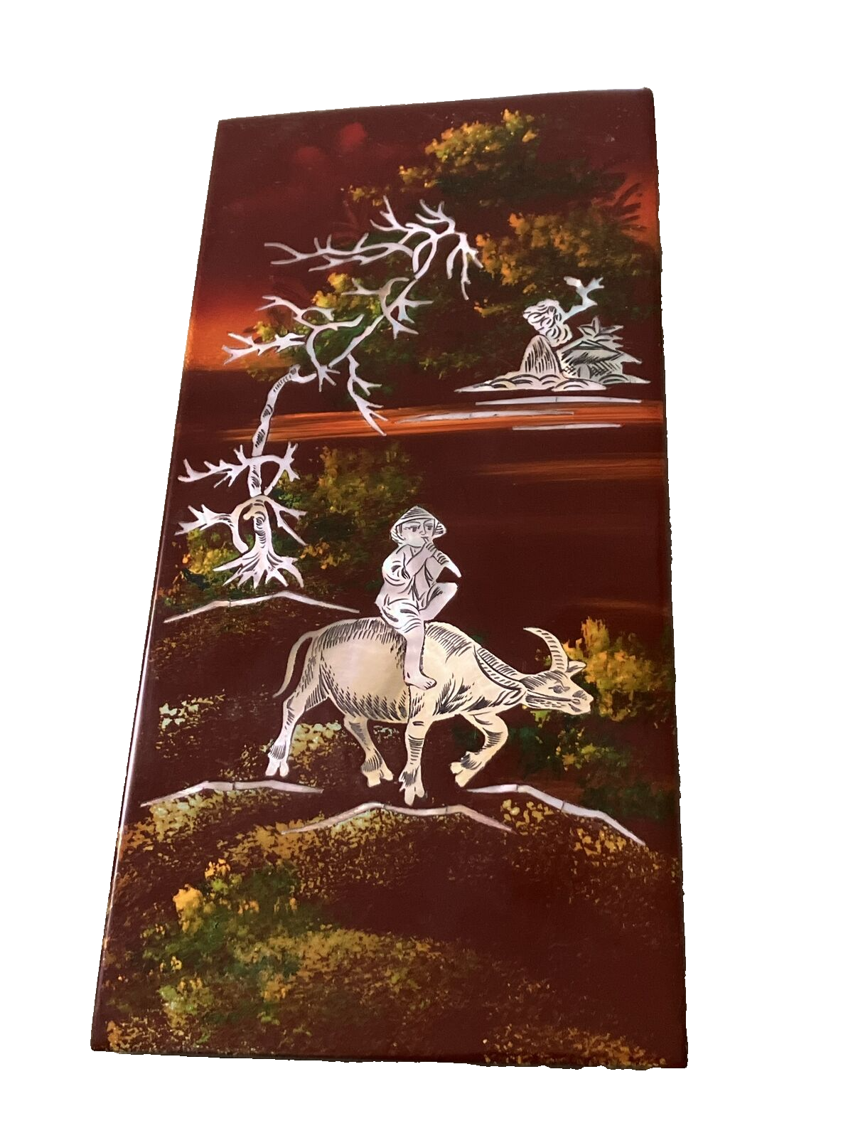 Vintage Oriental Mother Of Pearl/Abalone Inset In Wall Plaque of Red ...