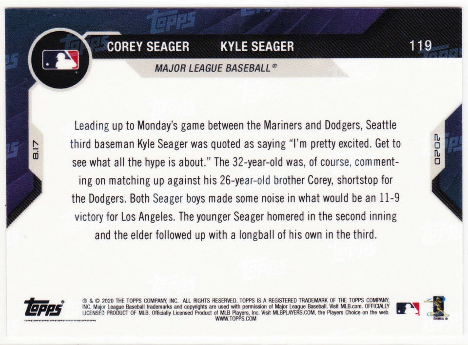 Corey Seager Dodgers Brother Kyle Hit HR in 1st Match-Up 2020 TOPPS NOW ...