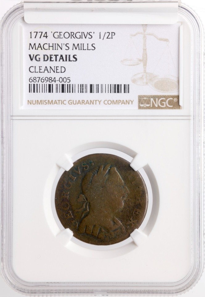 1774 V 5-74A R-3 NGC VG Details Machin's Mills Halfpenny Colonial ...