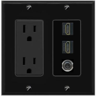 [3 Ports] 3-5MM 2 HD Black Wall Plate with 15A Power Outlet | eBay