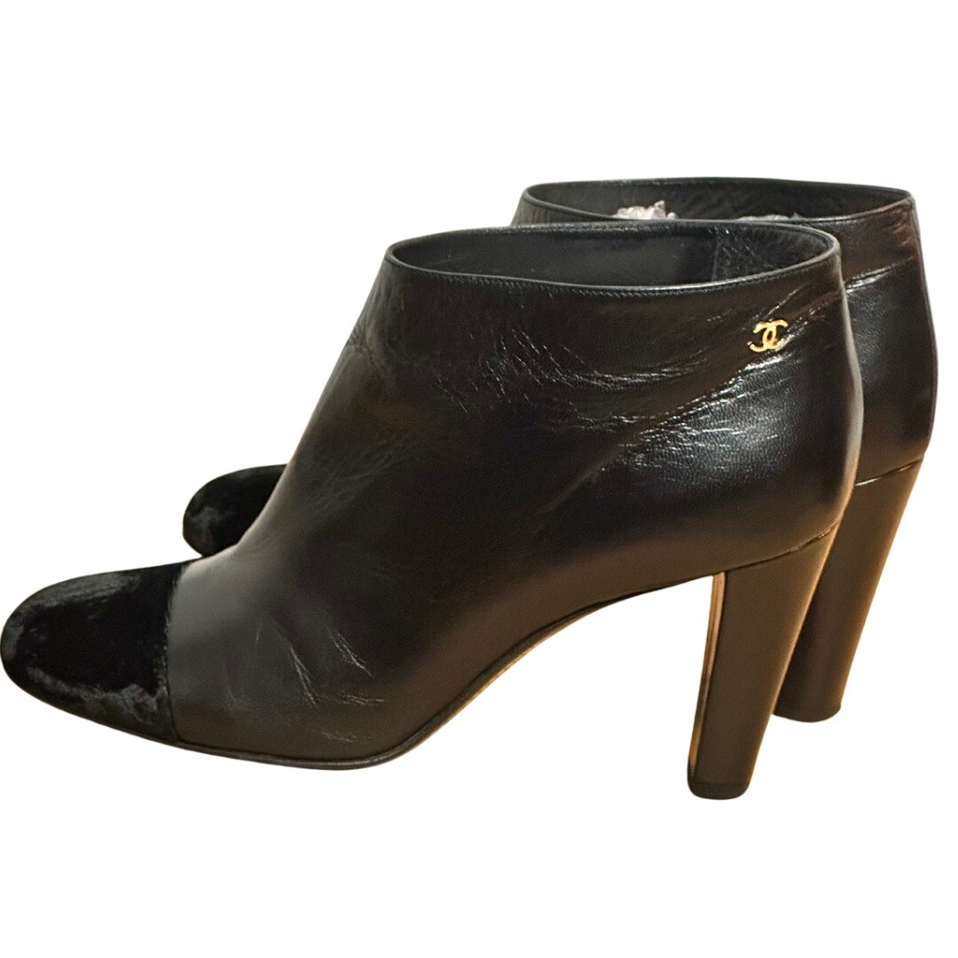 Chanel Black Leather Ankle Boots Velvet Cap Toe Size … - Gem
